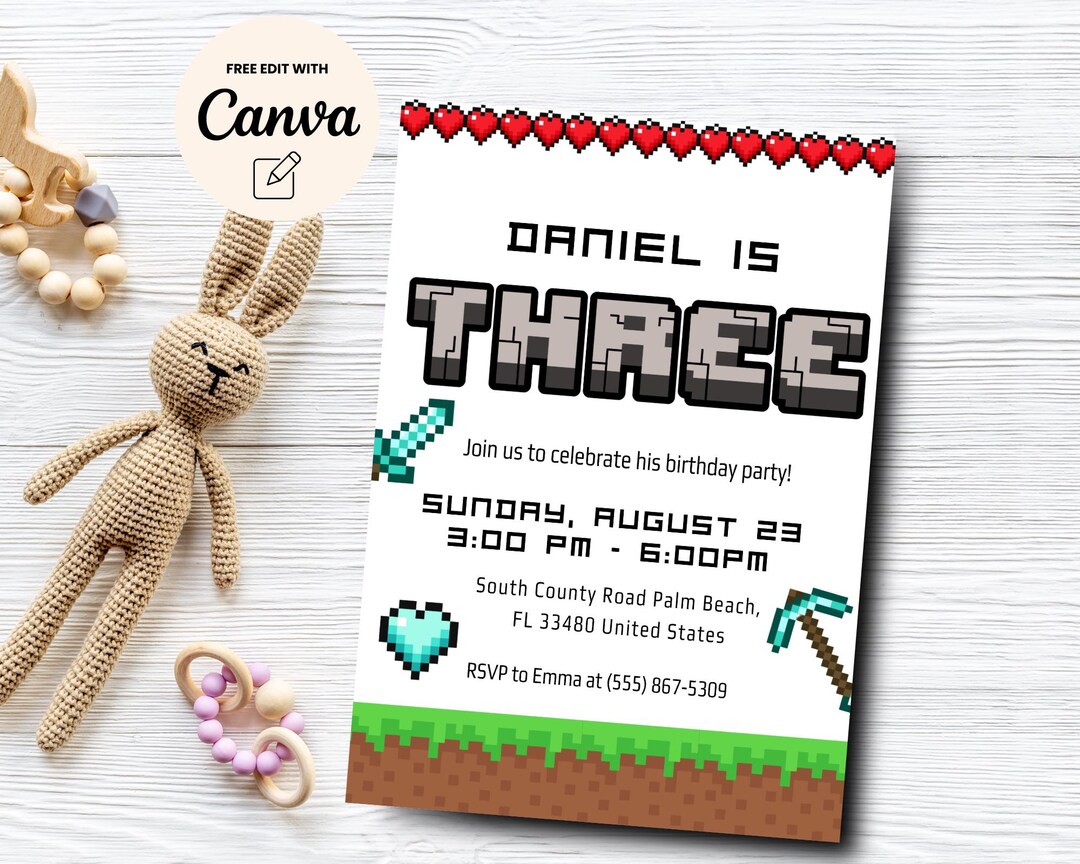 Gamer 3rd Birthday Invitation, Minecraft 3rd Birthday Invitation ...