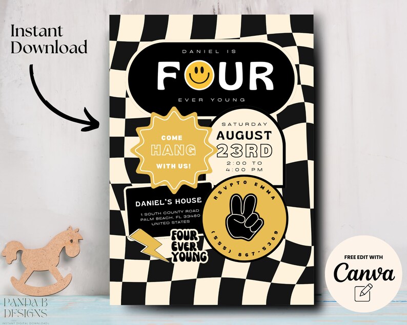 Four Ever Young Birthday Invitation Template, Checkered Smiley ...