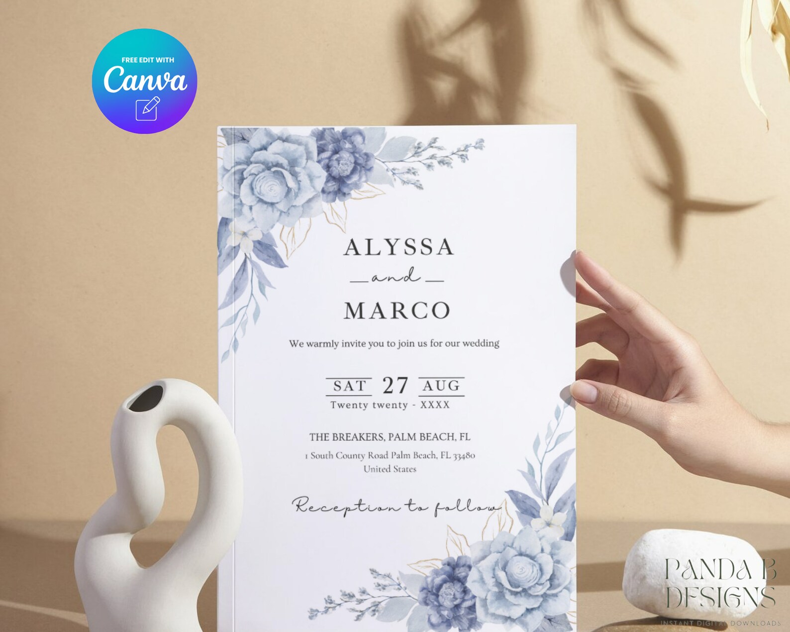 Dusty Blue Wedding Invitation, Printable Floral Invite, Canva Template ...