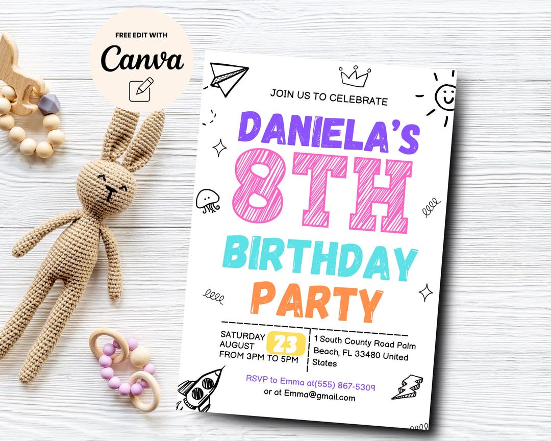 Doodle 8th Birthday Invitation, Colorful Rainbow 8th Birthday Invite ...