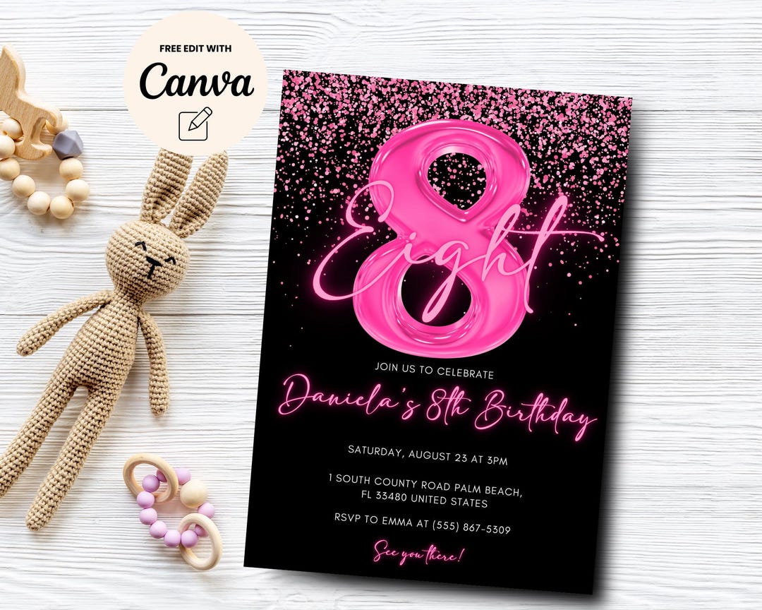 Neon Pink 8th Birthday Invitation, Pink Glitter 8th Birthday Invite ...