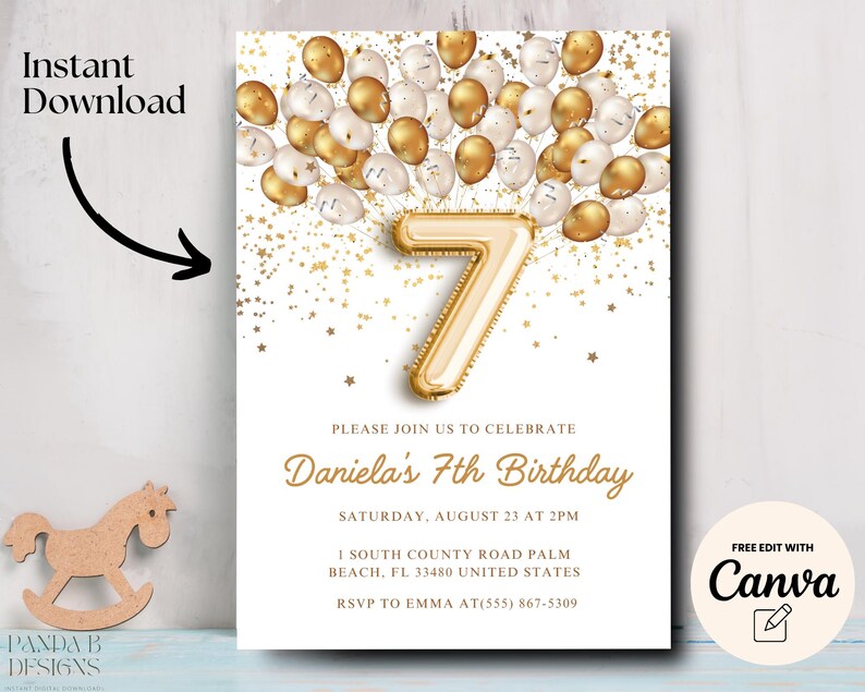 Editable Gold 7th Birthday Invitation, Gold 7th Birthday, Glitter ...