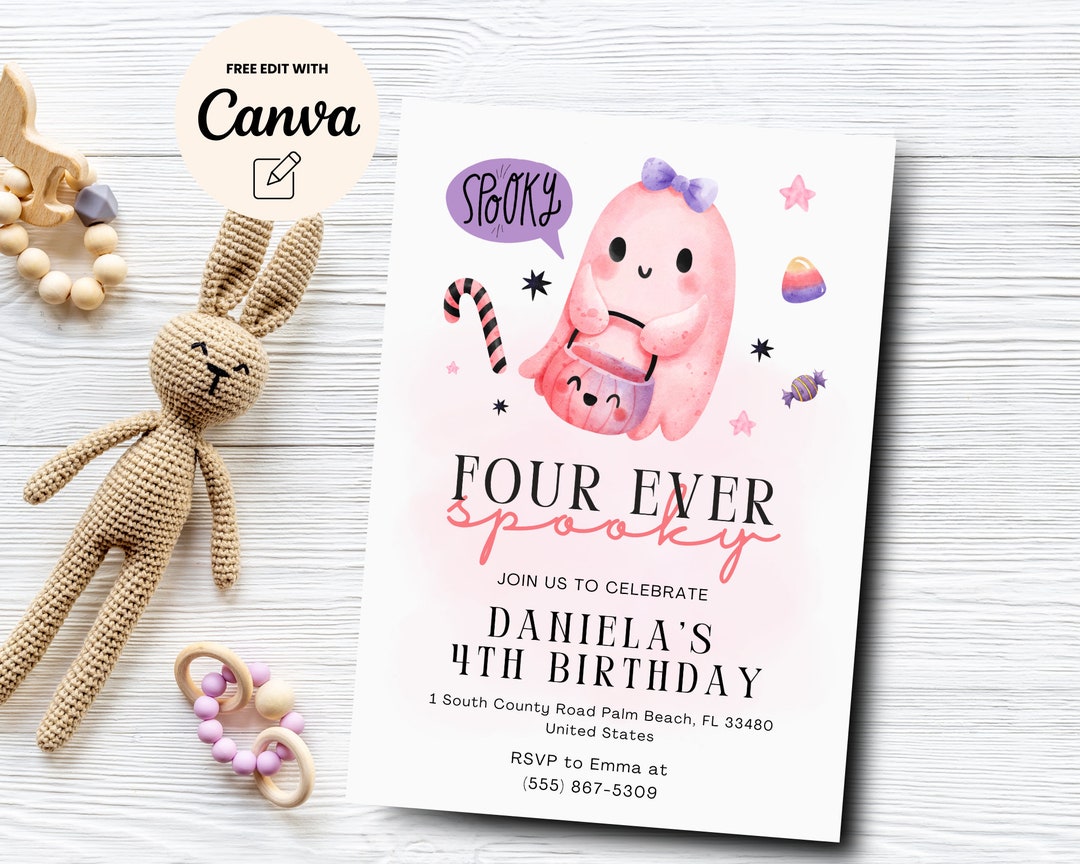 Fourever Spooky Birthday Invitation, Editable Text, Groovy 4th Birthday ...