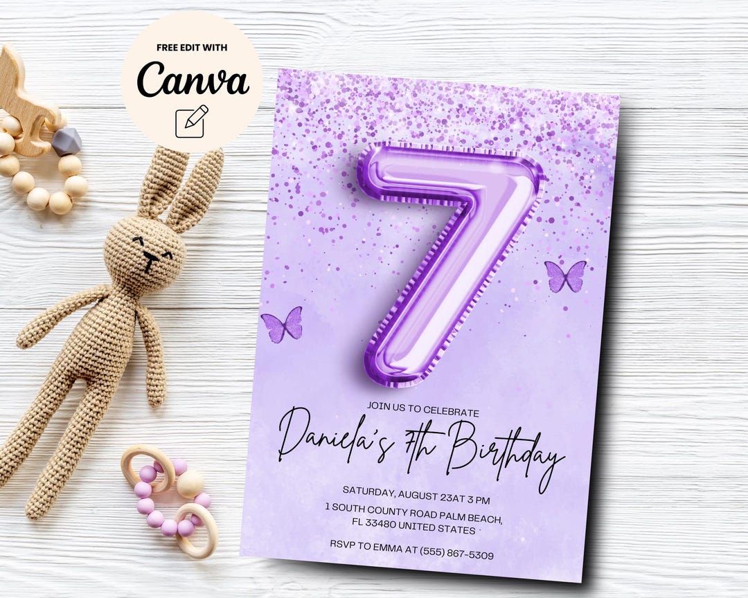 Editable Purple 7th Birthday Invite, Glitter Birthday Party Invite ...