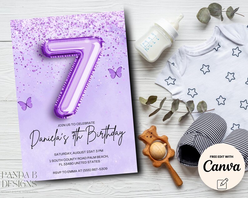 Editable Purple 7th Birthday Invite, Glitter Birthday Party Invite ...