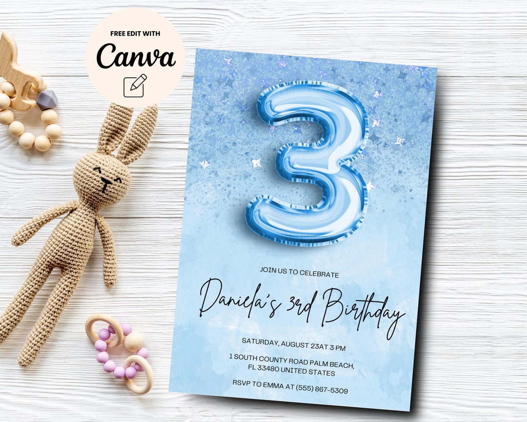 Editable Blue 3rd Birthday Invite, Glitter Birthday Party Invite ...