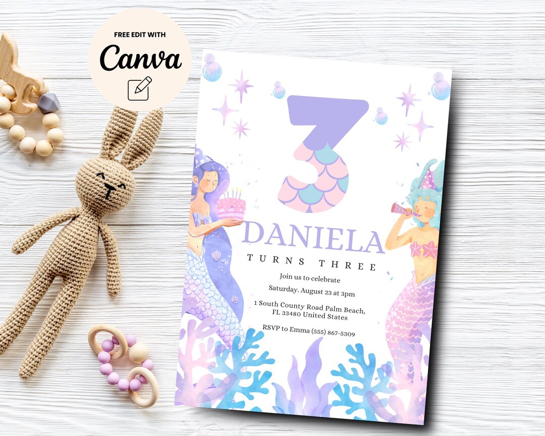 Editable Mermaid 3rd Birthday Invitation, Under the Sea Birthday ...