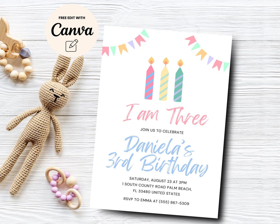 3rd Birthday Party Invitation Editable, Birthday Candles Third Birthday ...