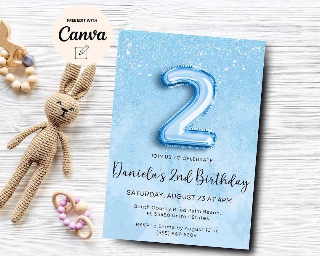 Editable 2nd Birthday Invitation Blue Glitter Second Birthday ...