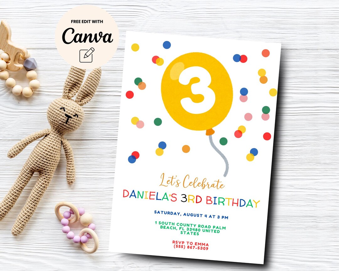 Balloon Confetti 3rd Birthday Invitation, 3rd Birthday Party Invite ...