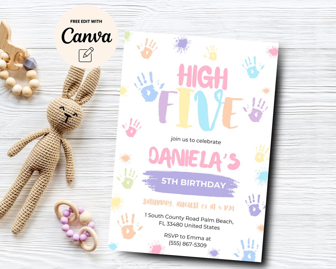 Pastel High Five 5th Birthday Invitation, 5th Party Invite, High Five ...