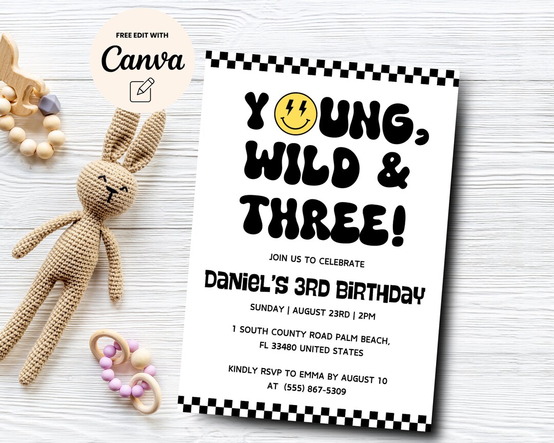 Young Wild and Three Invite, Smile Face Birthday Invite, Boy 3rd ...