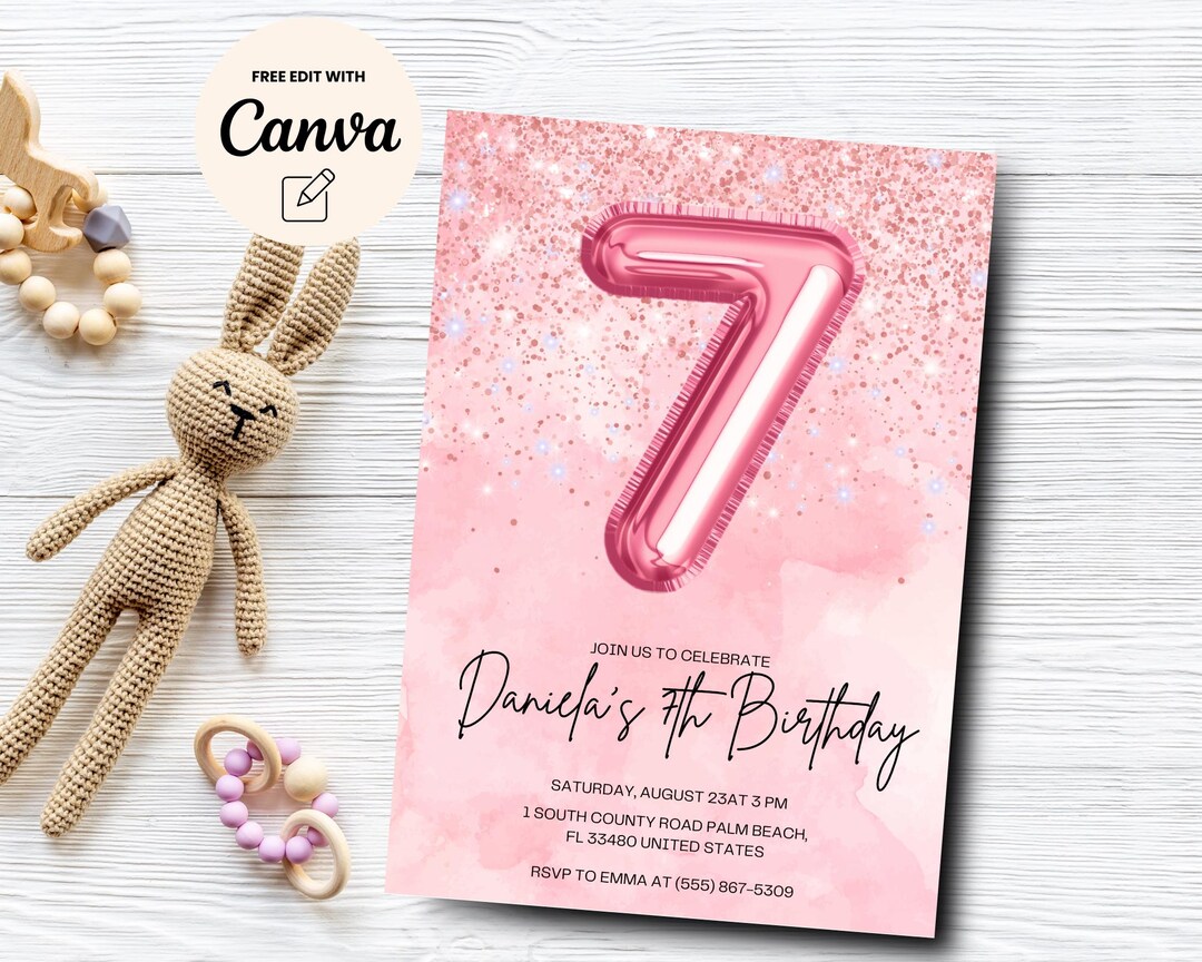 Editable Pink 7th Birthday Invitation, 7th Birthday, Glitter Birthday ...