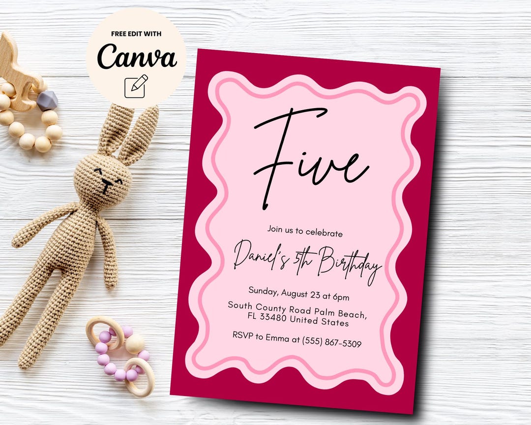 Pink 5th Birthday Invitation, Girl 5th Birthday Invitation, Baby Girl ...