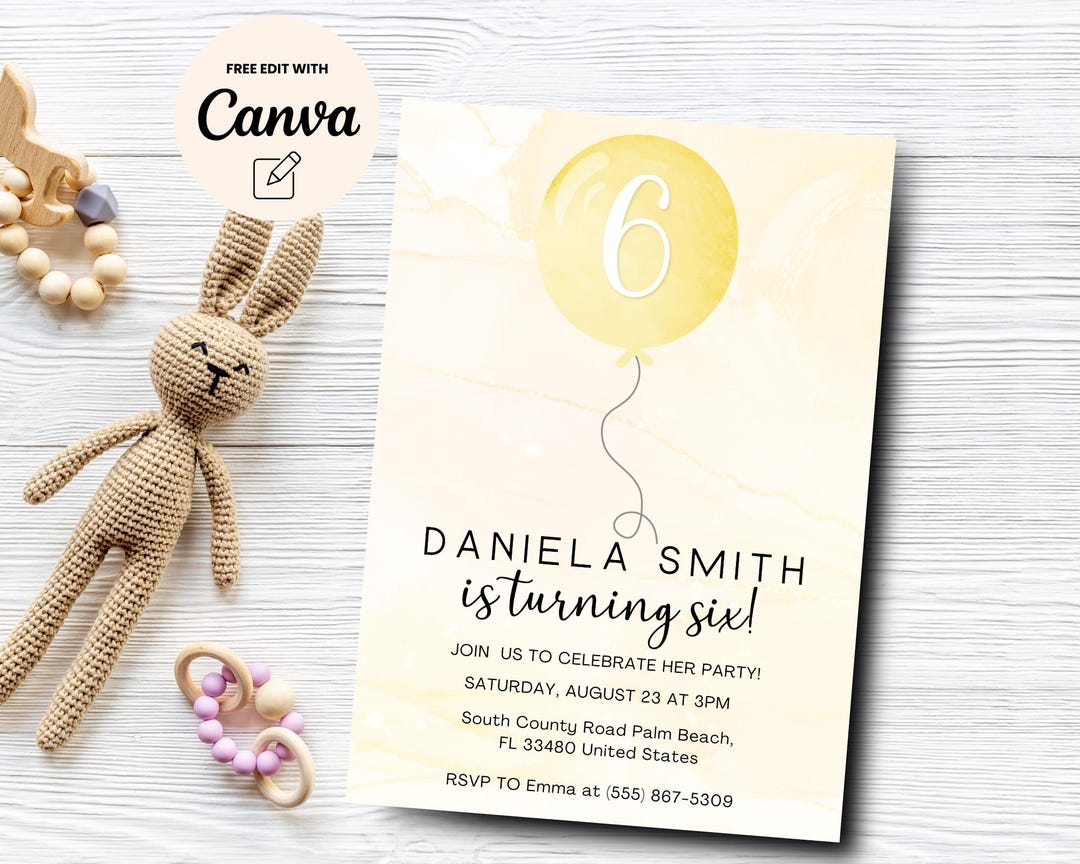 Yellow 6th Birthday Invite Printable, Yellow Watercolor 6th Birthday ...