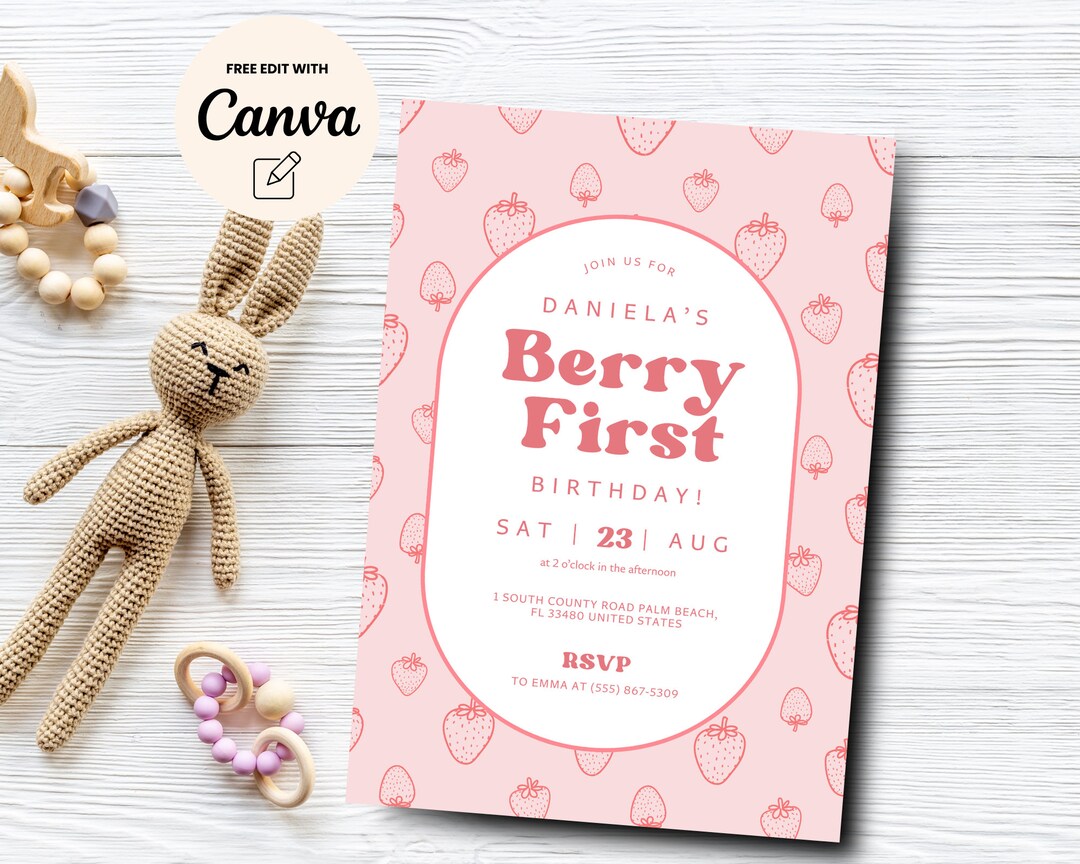 Berry First Birthday Invitation, Strawberry Birthday Invitation, 1st ...