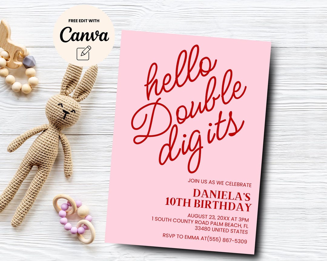 Pink 10th Birthday Invitation, Hello Double Digits, Minimalist 10th ...