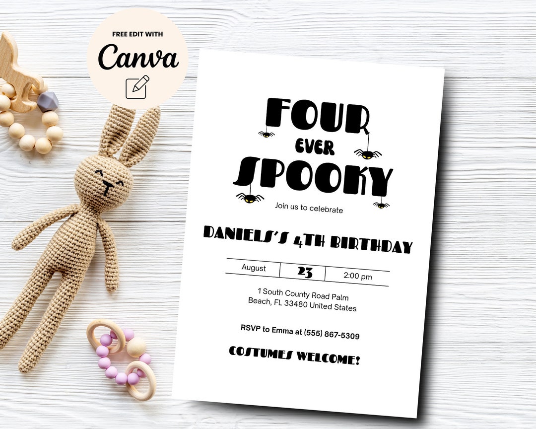 Fourever Spooky Birthday Invitation, Editable Text, Groovy 4th Birthday ...