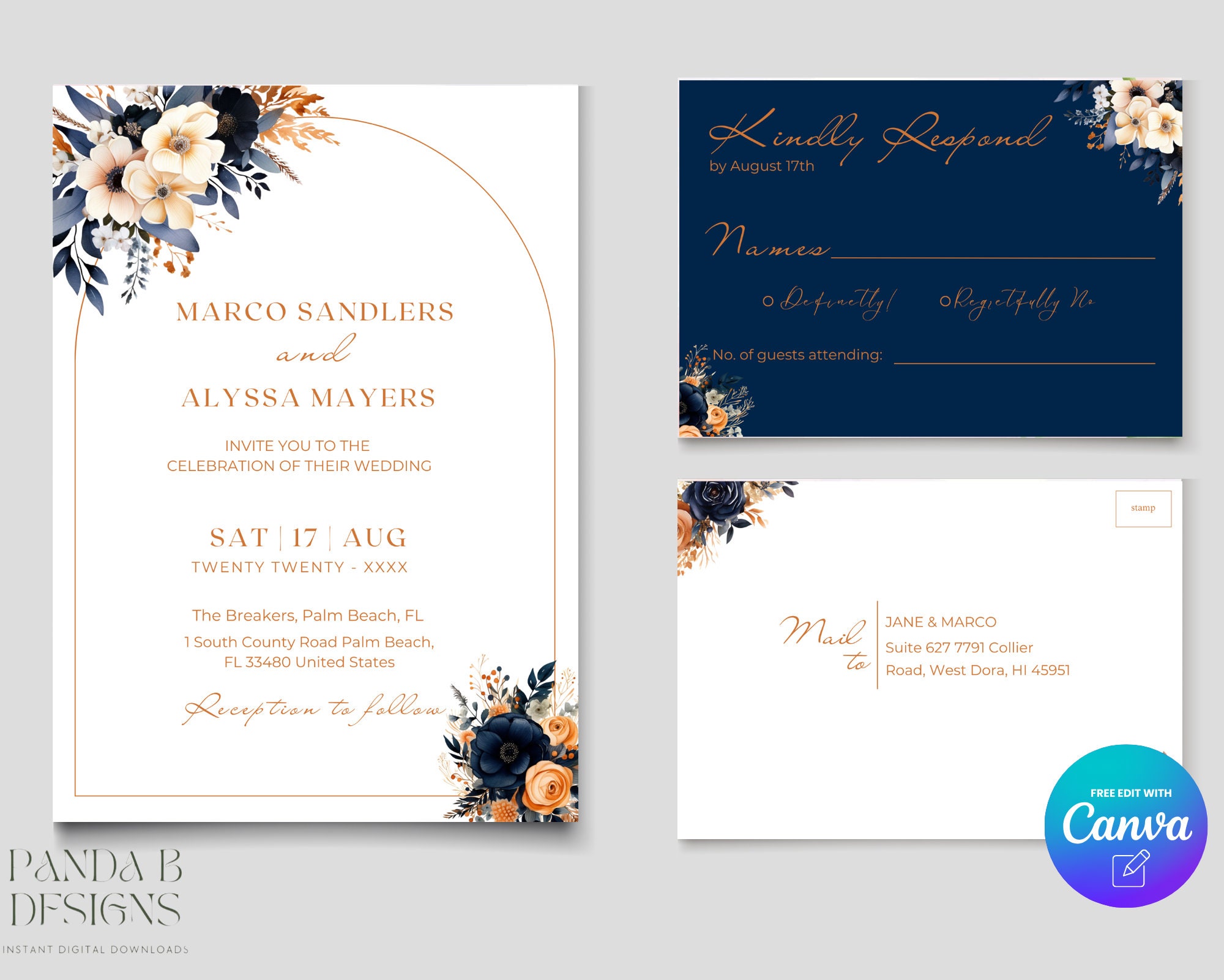 Terracotta Rust Wedding Invitation, Orange Blue Boho Invite Printable ...
