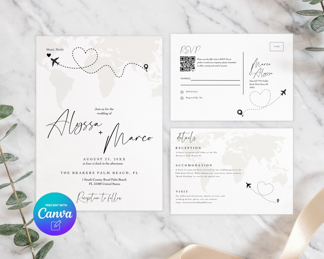 Destination Wedding Invitation Suite, World Map Wedding Invitation ...