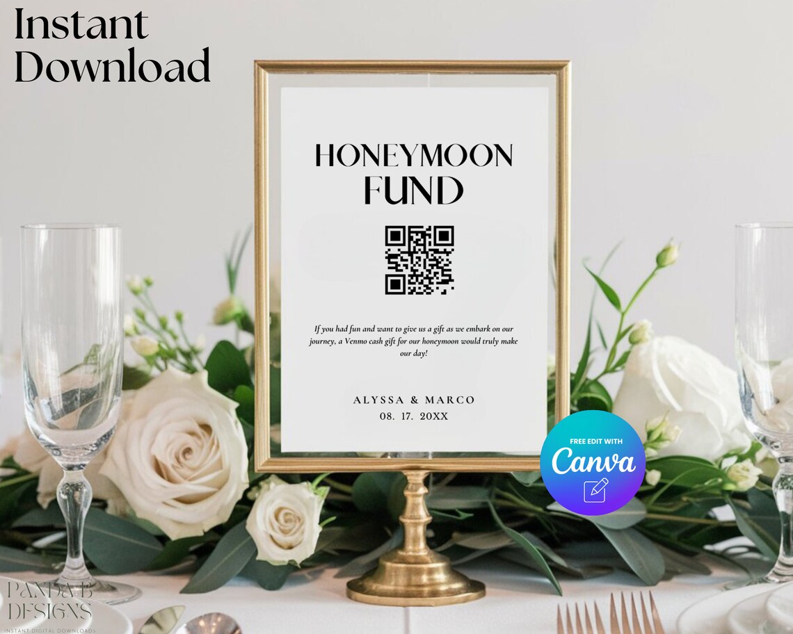 Modern Honeymoon Table Fund Sign, Editable Venmo Wedding Sign, Editable ...