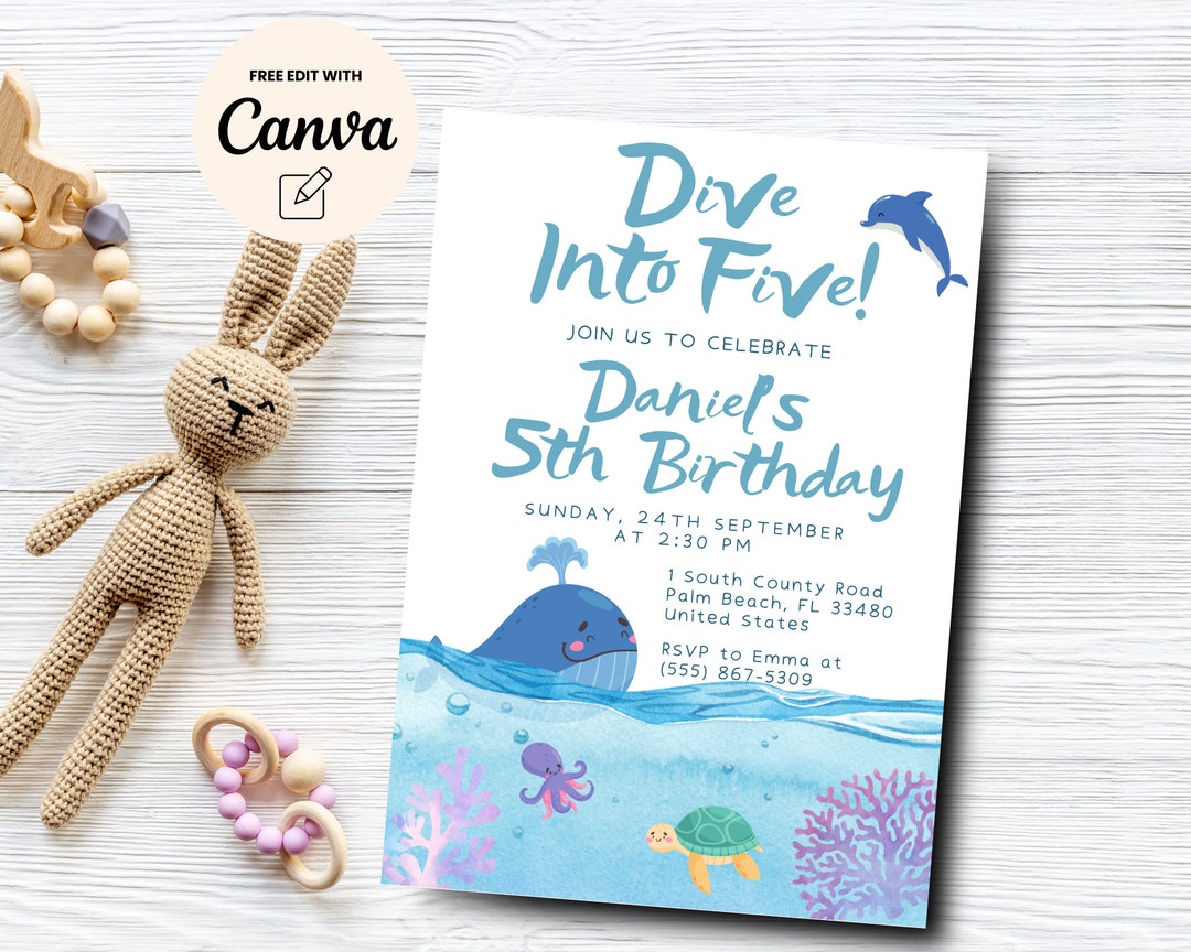 Dive Into Five 5th Birthday Invitation, Under the Sea Birthday Invite ...