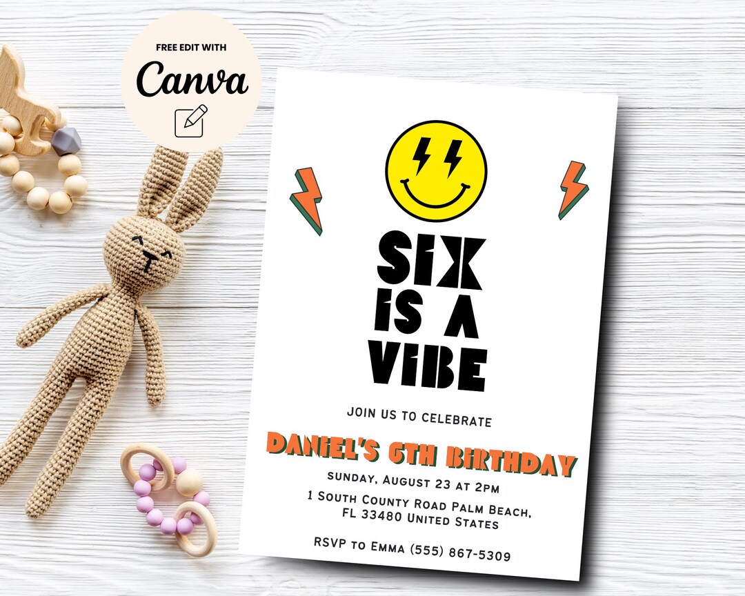 6th Birthday Invitation Boy, Six is a Vibe, Smiley Birthday Invite ...