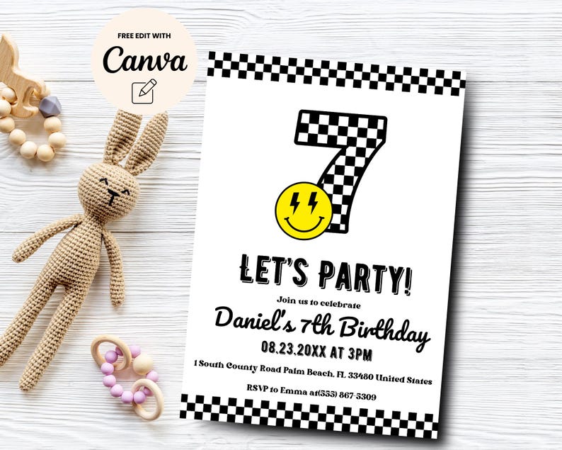 Smiley Face 7th Birthday Invite Printable, Retro Checkered 7th Birthday ...