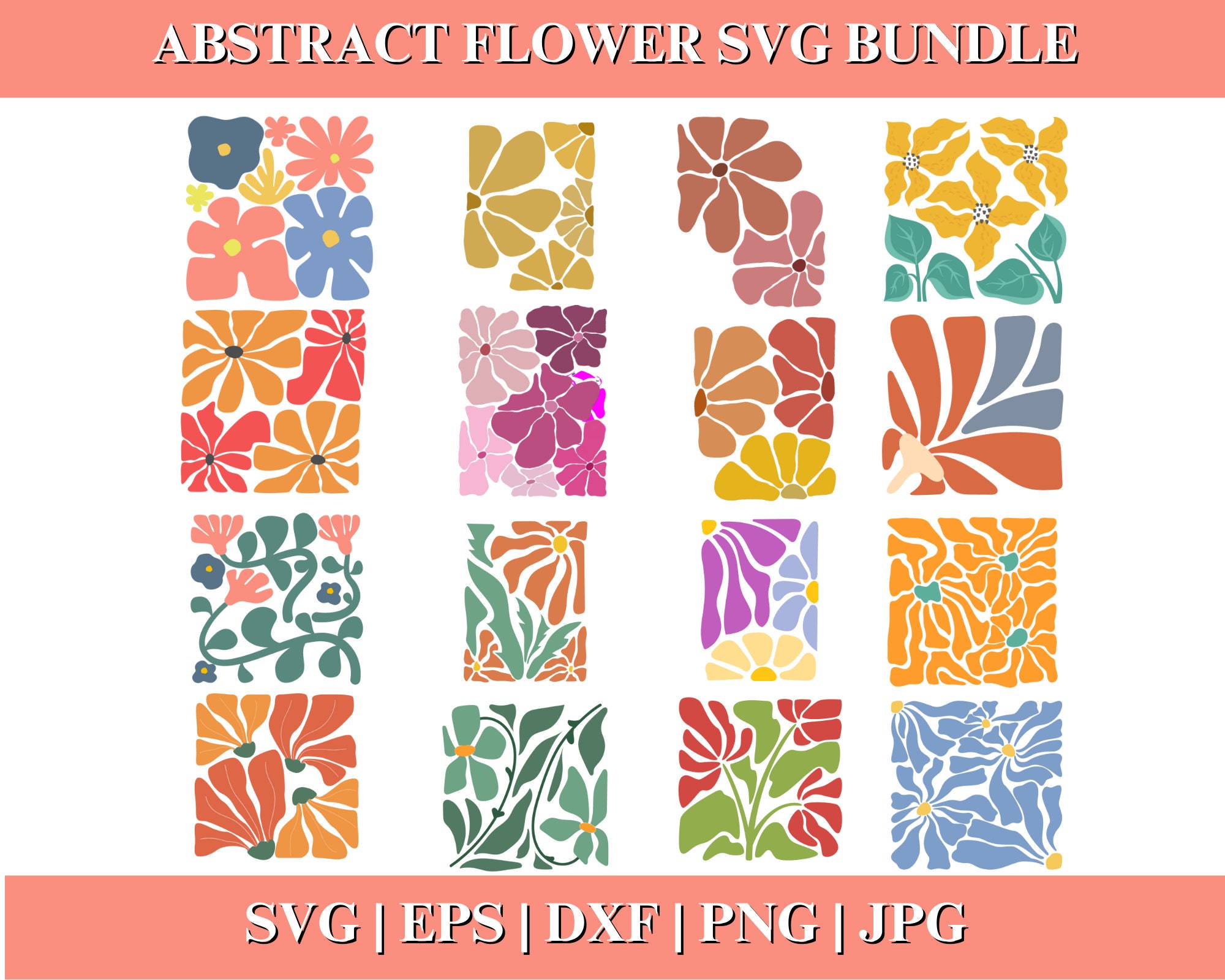 Abstract Flower SVG and PNG Bundle, Danish Retro Boho Floral Designs - Etsy