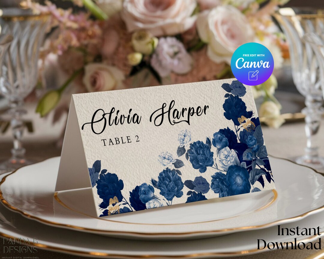 Blue Floral Place Cards Template, Printable Wedding Name Cards, Instant ...