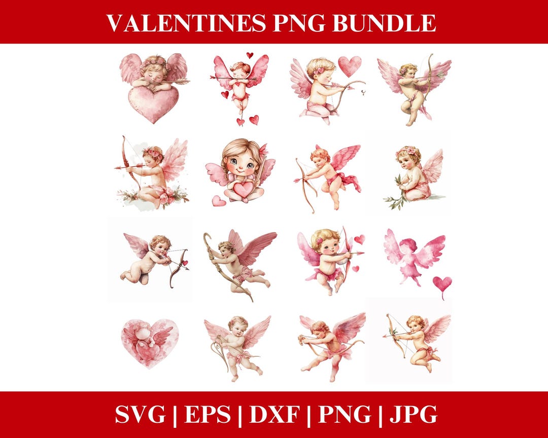 Cupid Valentines Day PNG Bundle, Valentines PNG SVG Clipart, Watercolor ...
