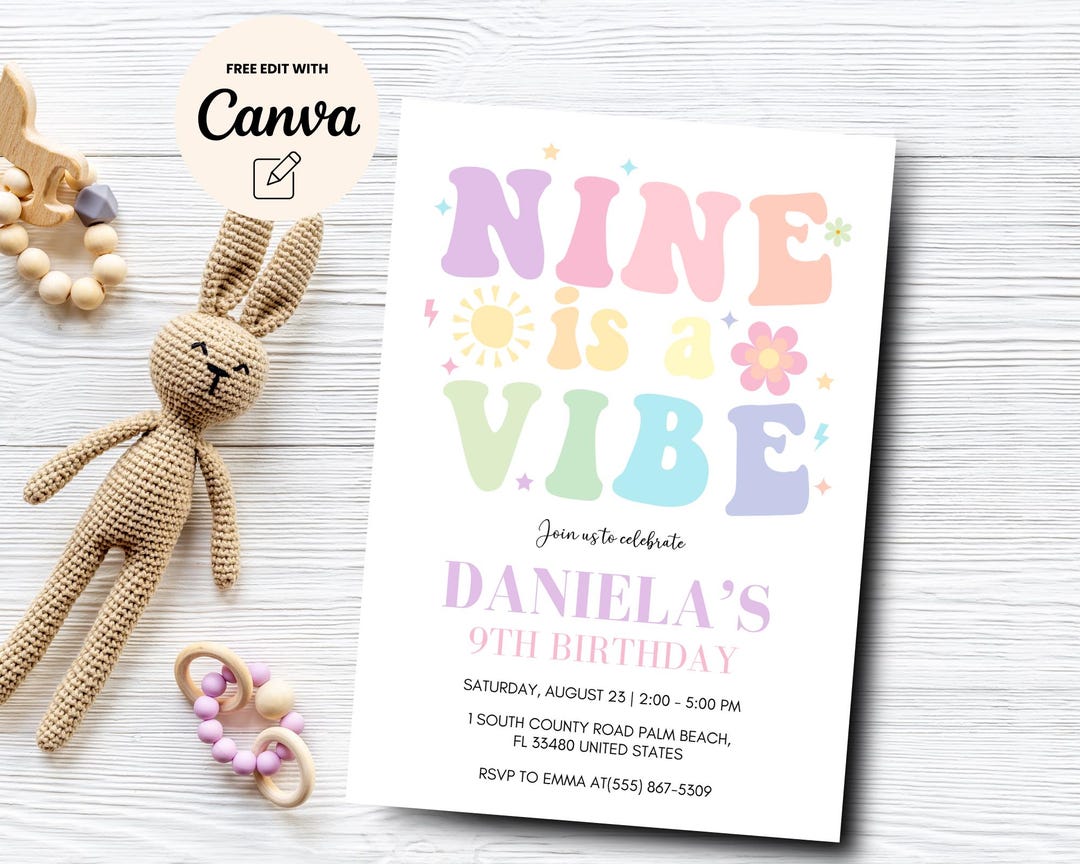 Groovy Nine is a Vibe 9th Birthday Invitation, Girl Groovy 9th Birthday ...