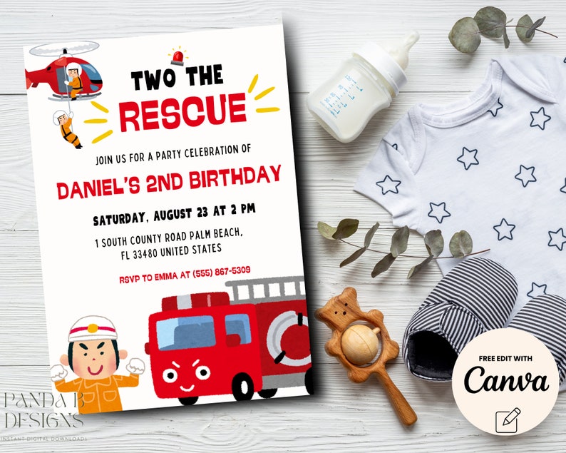 Two the Rescue Invitation Template for Boy 2nd Birthday Emergency ...
