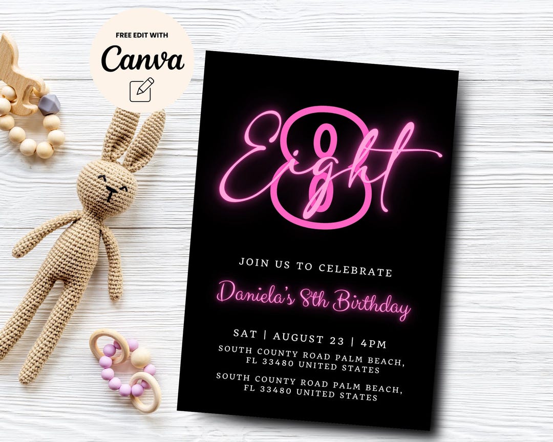 Pink Neon 8th Birthday Invitation, Editable Pink Neon 8th Birthday ...