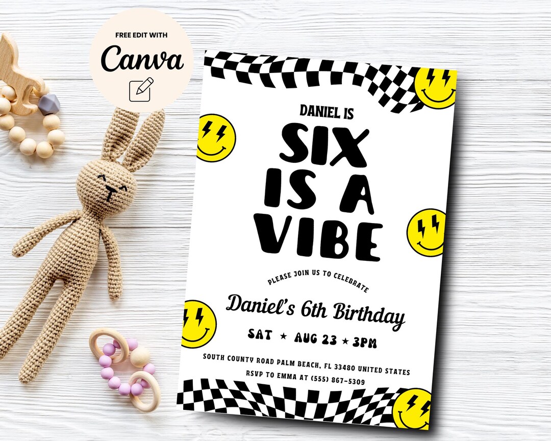 Six is a Vibe 6th Birthday Invitation, Smile Face Invite, Editable ...