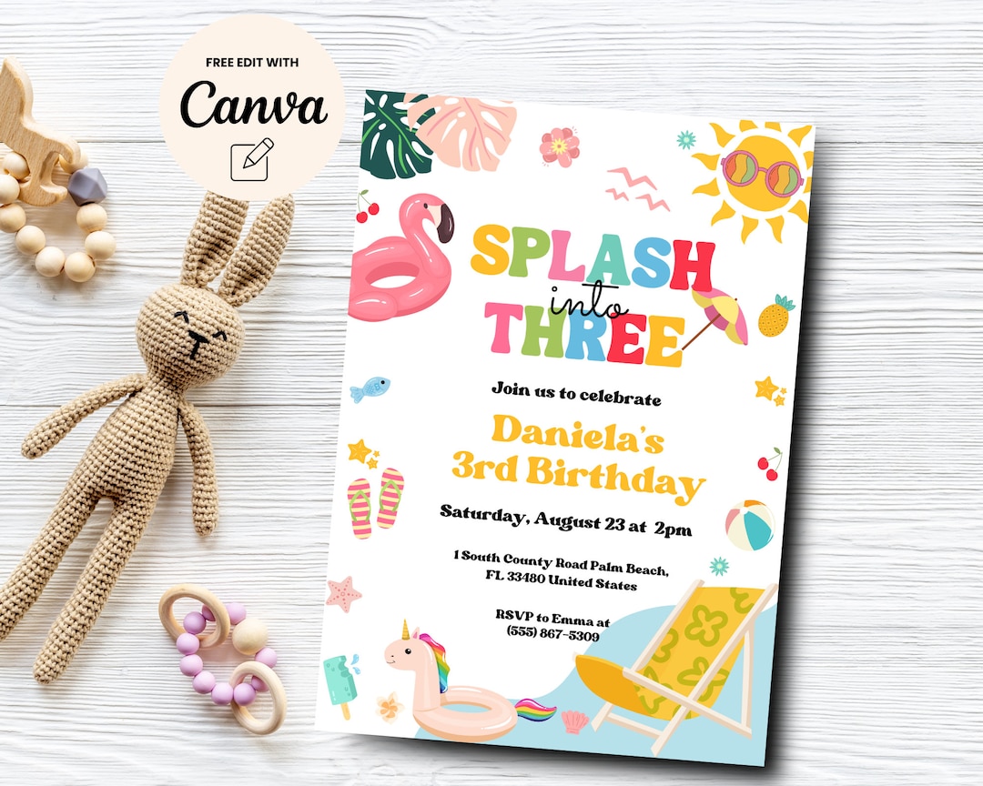 Splash Into THREE 3rd Birthday Pool Party Invitation Girly Summer 3rd ...