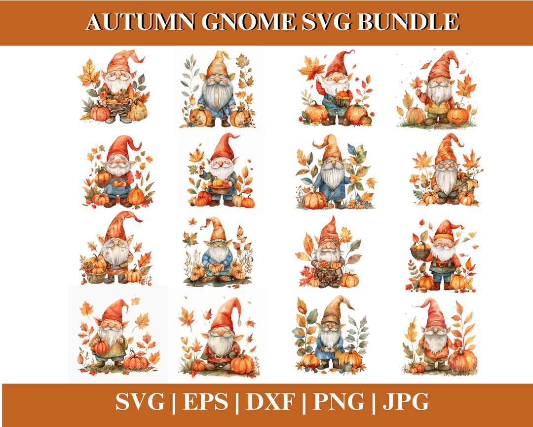 Watercolor Autumn Gnome Clipart PNG Bundle, Fall Gnome SVG, Autumn ...