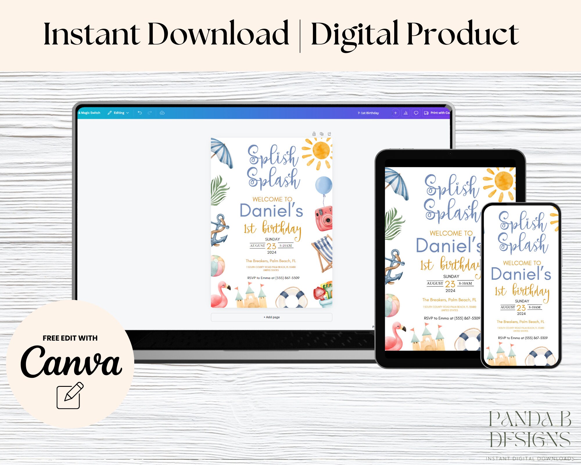 Splish Splash Beach Bash Birthday Invitation, Summer Party Invite ...