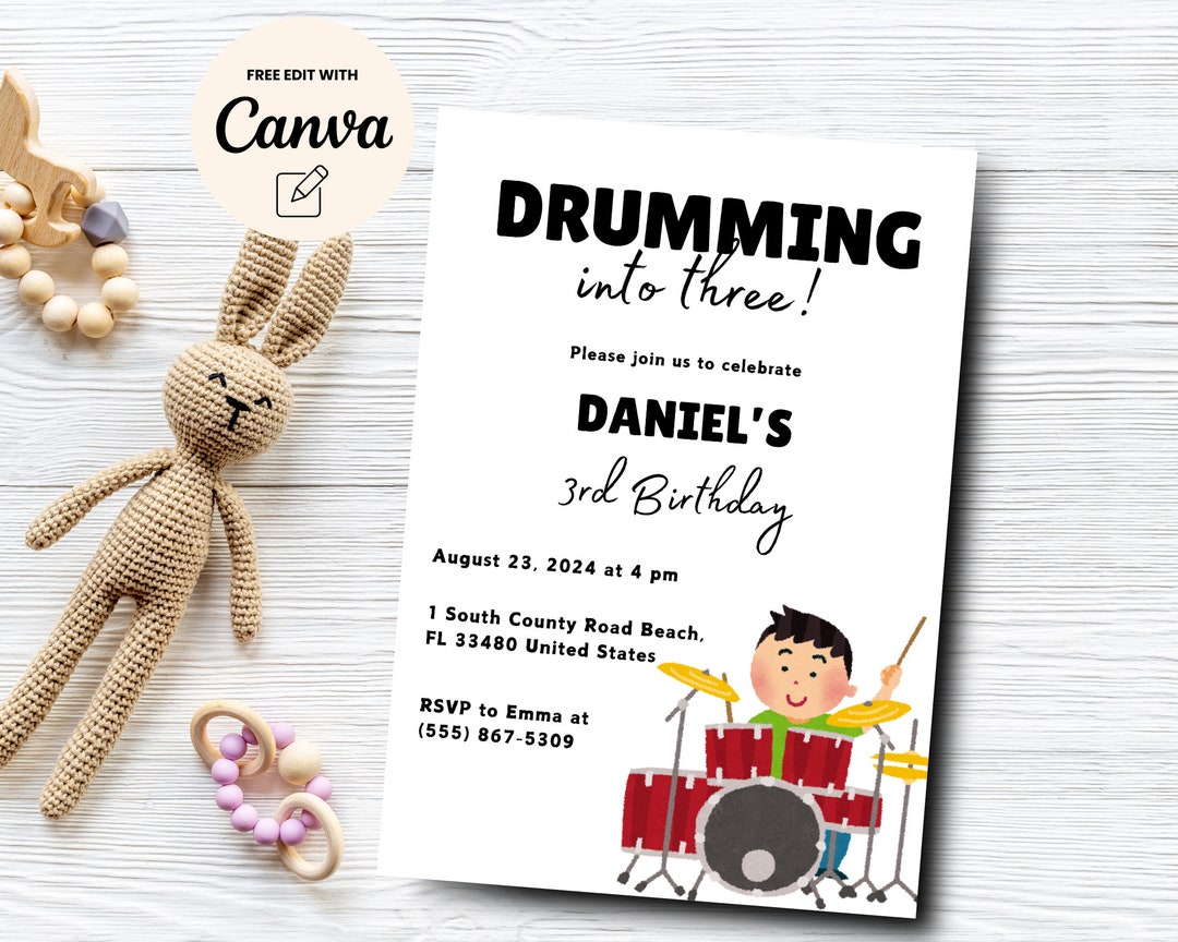 Drum Birthday Invitation Drum Theme Invitation Musical Instruments 3rd ...
