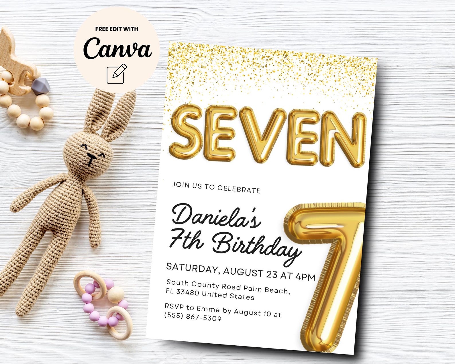 Editable Gold 7th Birthday Invitation, Gold 7th Birthday, Glitter ...