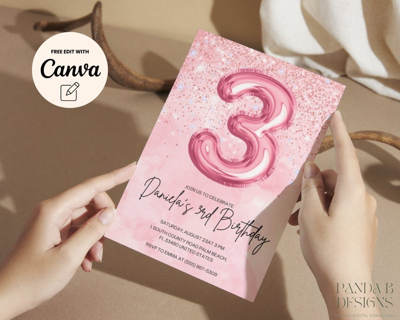 Pink 3rd Birthday Invitation, Glitter Birthday Party Invite, Balloon ...