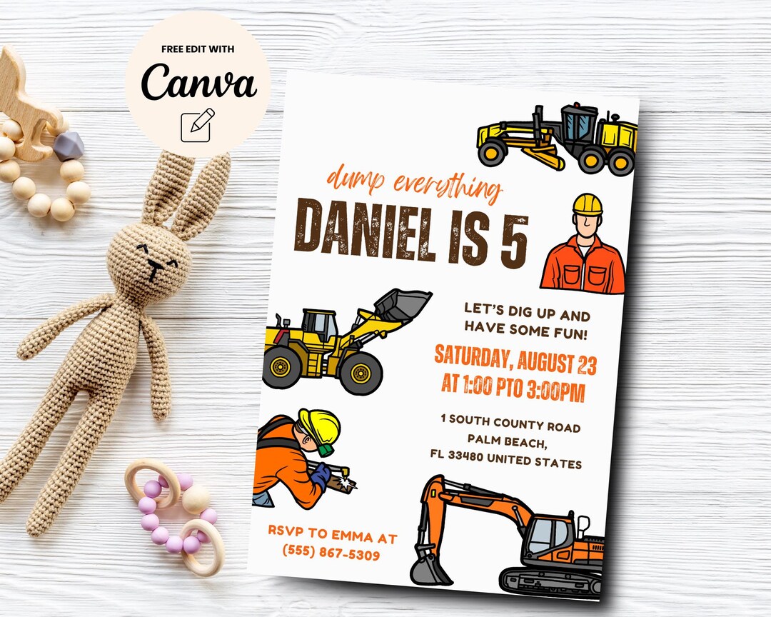 Construction 5th Birthday Invitation, Construction Trucks Party Invite, Dump Everything ...