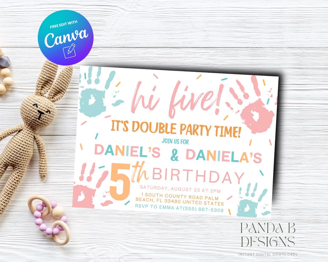 Hi-five Double Birthday Invite, Modern Party Invite Pastel Girl High ...