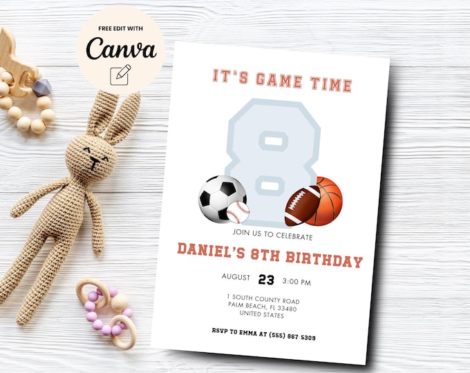 Sports 8th Birthday Invitation Template for Boy | Editable Let's Have a ...