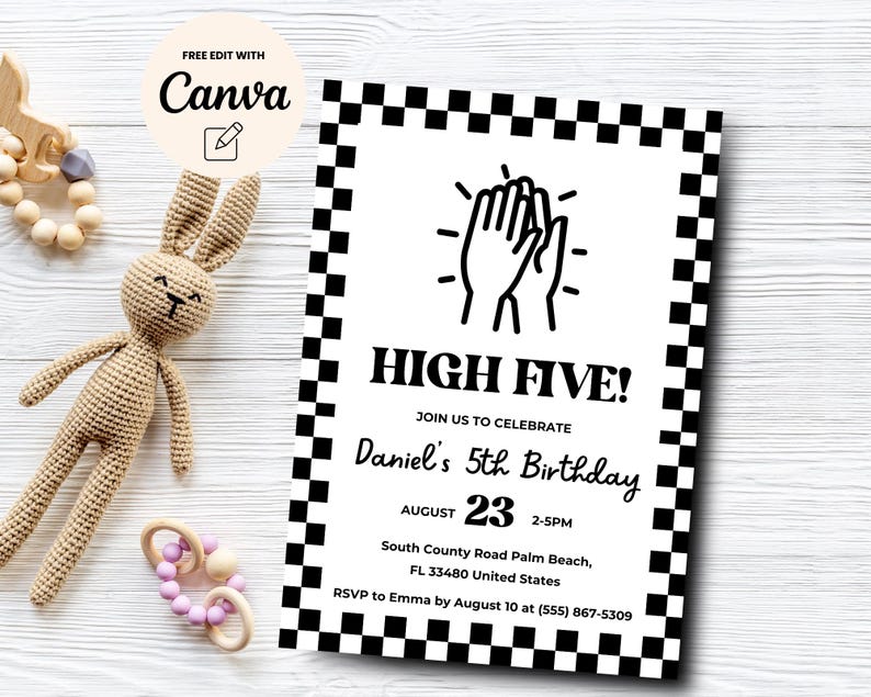 High Five 5th Birthday Party Invitation, Checkered Retro 5th Birthday ...