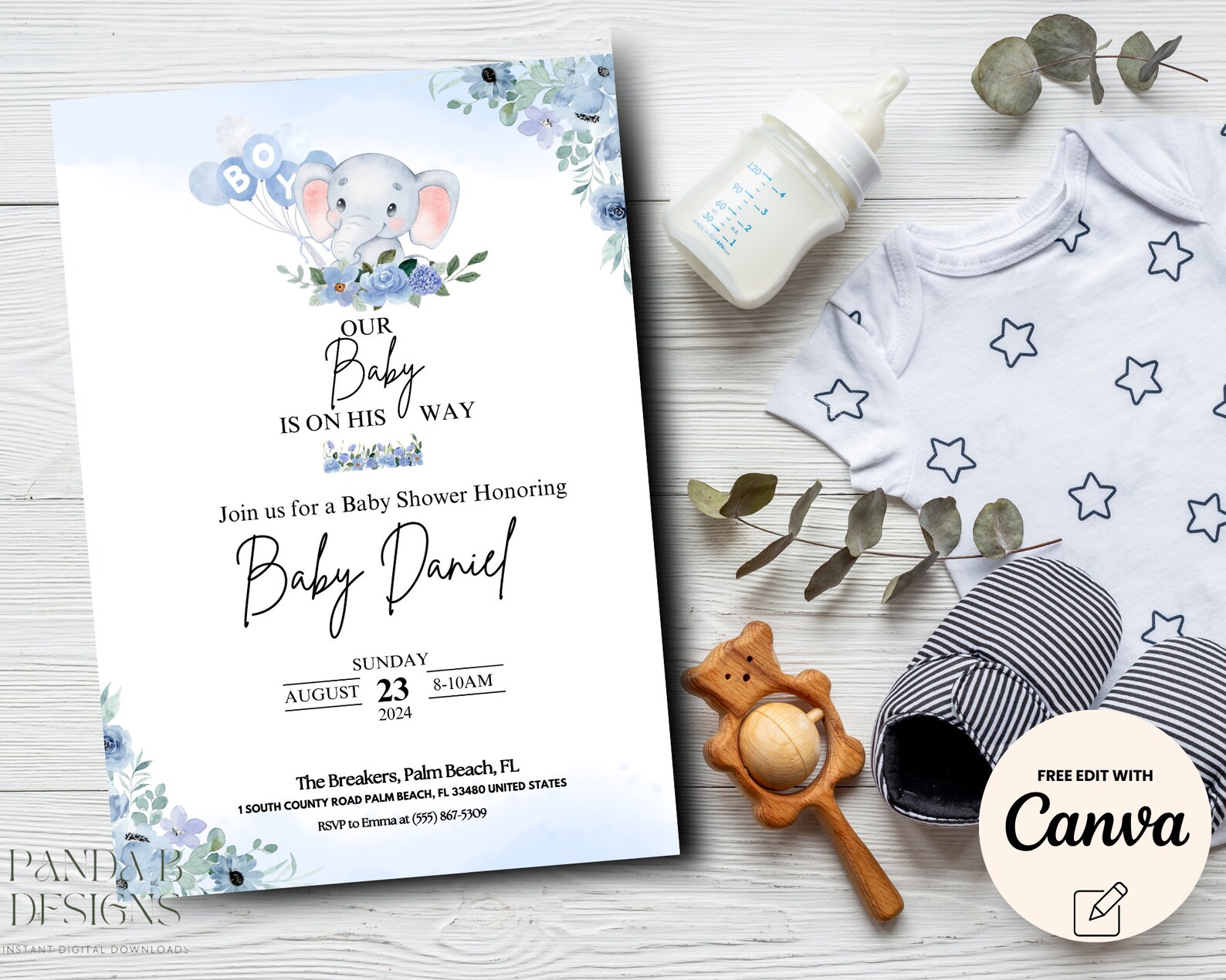 Elephant Baby Shower Theme Invitation, Instant Download, Canva Editable ...