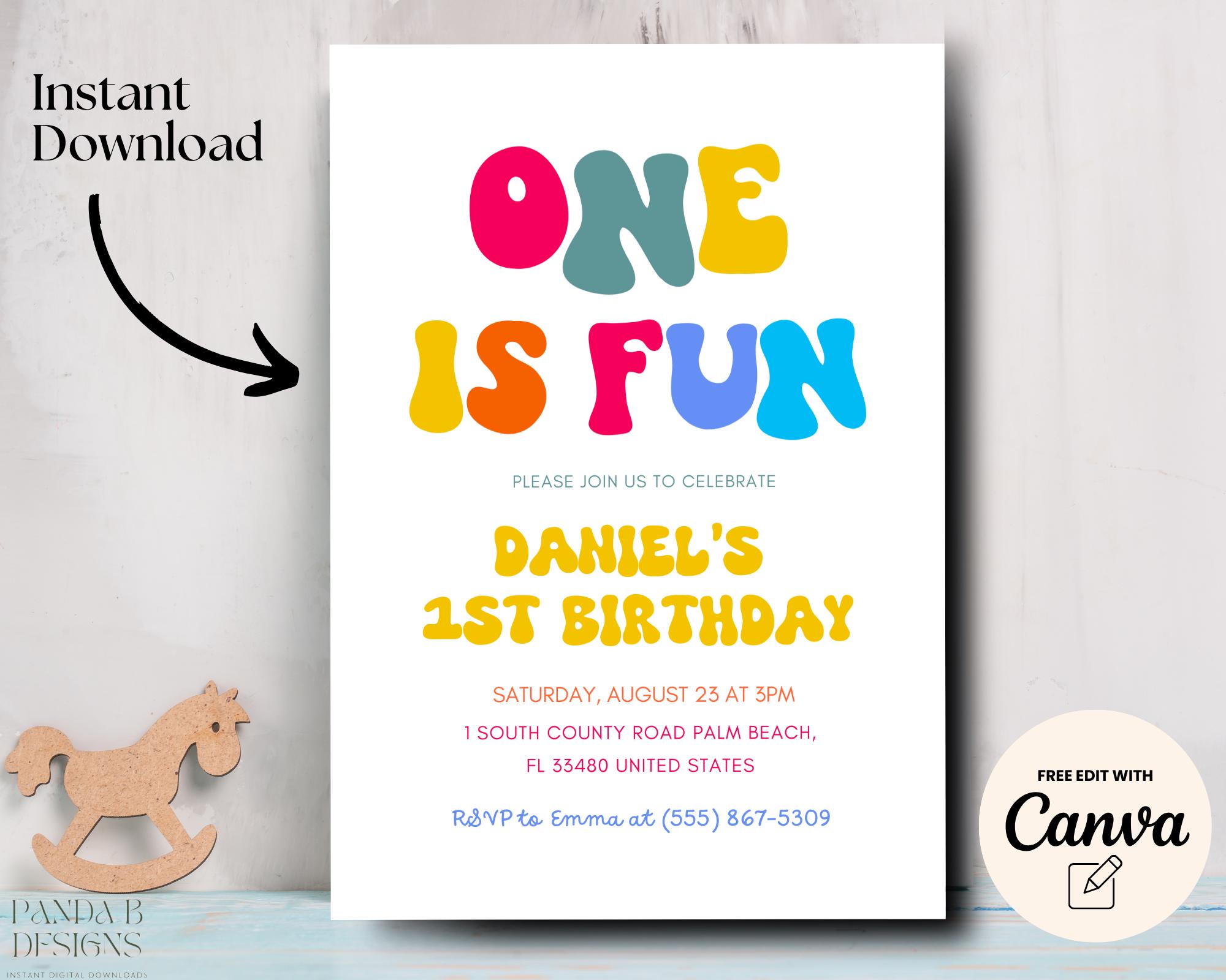 One is Fun 1st Birthday Invitation Template, 1st Birthday Invite ...