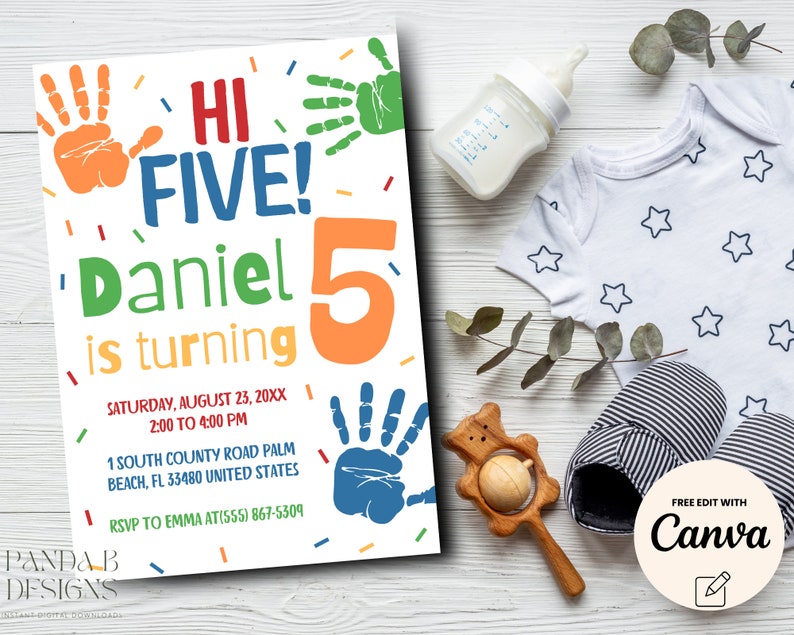 Hi-five 5th Birthday Invitation, Modern Party Invite, High Five ...