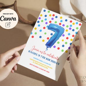 Editable Confetti 7th Birthday Invitation, 7th Birthday Party Invite ...