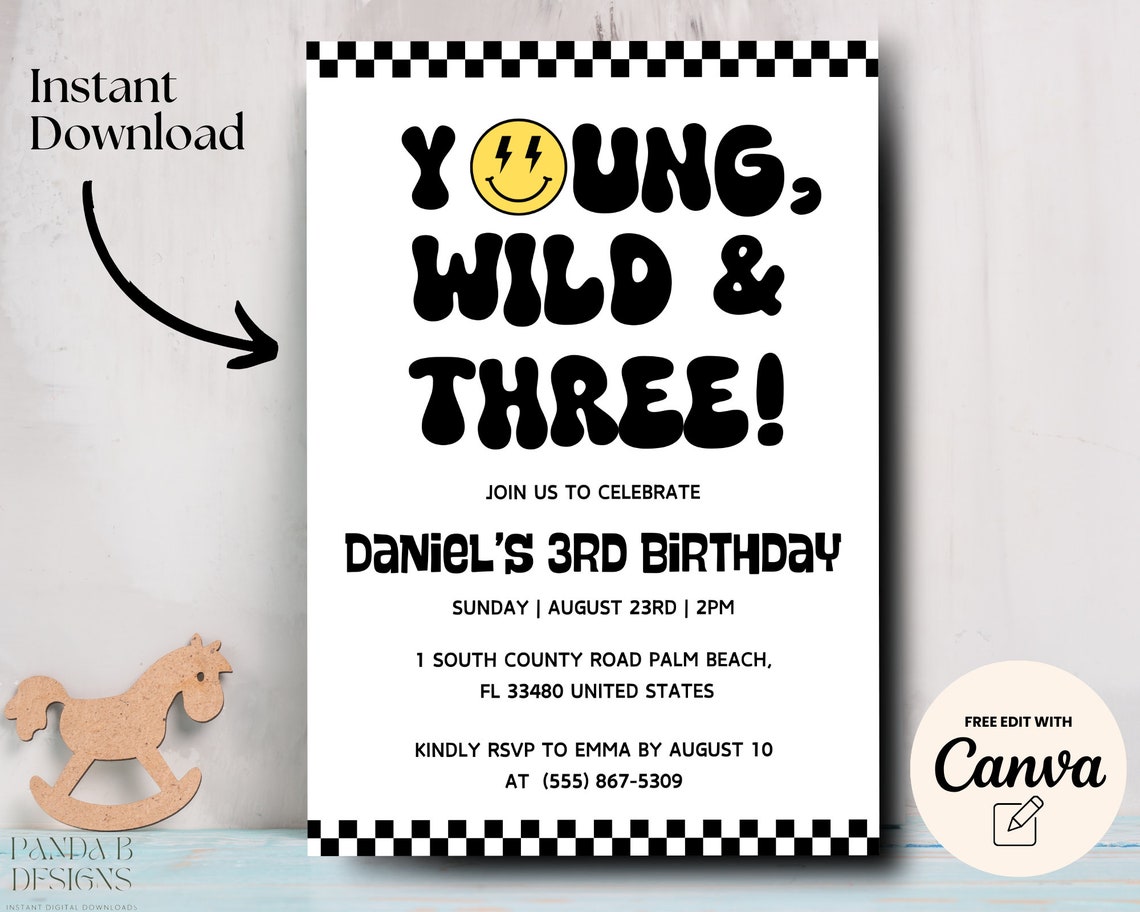 Young Wild and Three Invite, Smile Face Birthday Invite, Boy 3rd ...